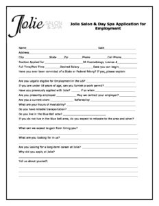 Jolie Salon & Spa Employment Application | Jolie Spa